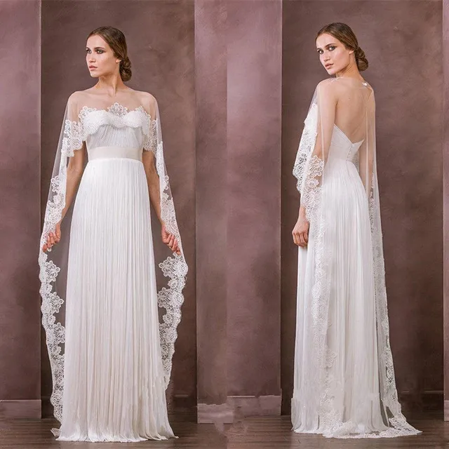 Wedding Cloak Neck Sheer Appliques Lace Bolero Jacket See Through Wraps Summer Long Cloaks