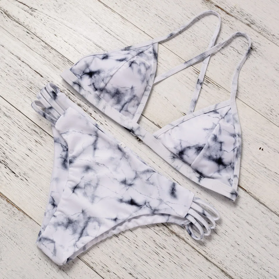 Marble Pattern Bikinis Set Women Bandeau Swimwear Padded Swimsuits