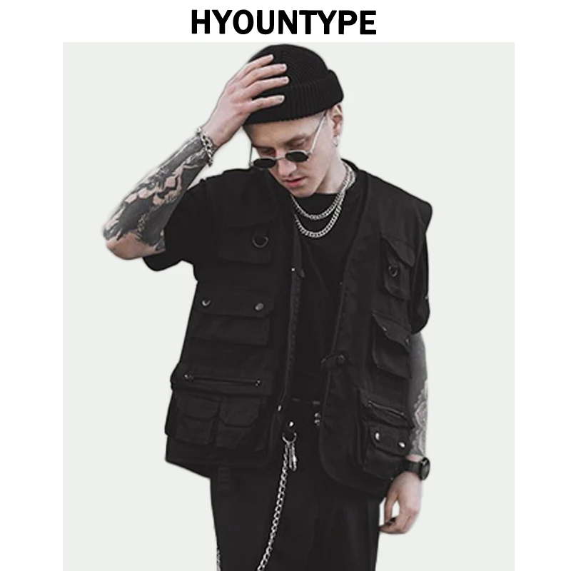 Hip Hop Zipper Sleeveless Vests Men Cargo Waistcoat With Pockets Loose
