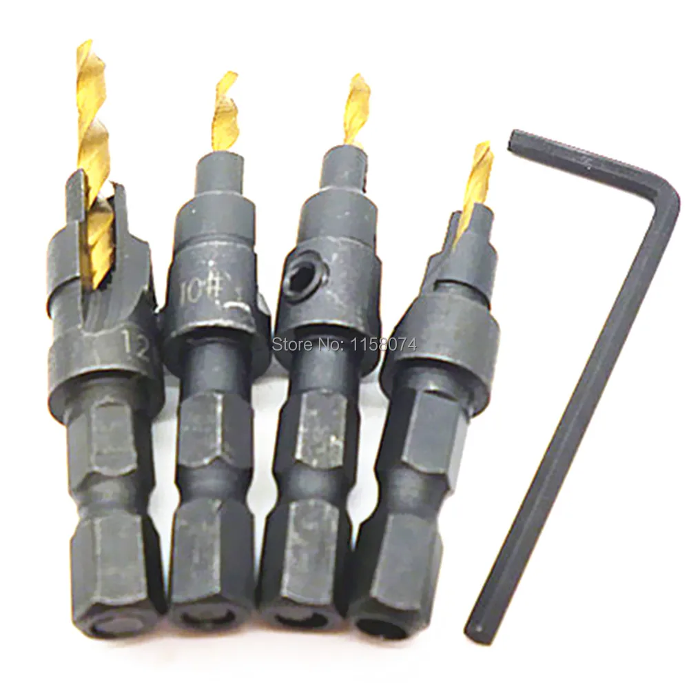 4 Piece Quick Change Drill Countersink Bit Set 1/4" Hex Shank Titanium ...
