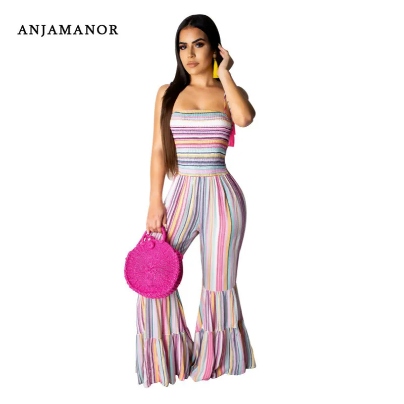 Anjamanor Colorful Striped Smocked Boot Cut Jumpsuit Women Summer