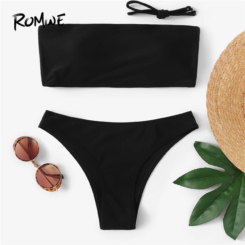 Romwe Sport Black Sexy Bandeau Low Rise Padded Bikinis Set Women 2019