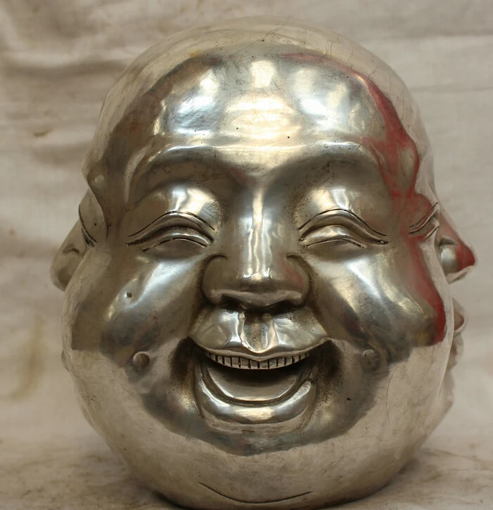8" China Chinese Silver Buddhism 4 Head Face Happy Laugh Cry Angry ...