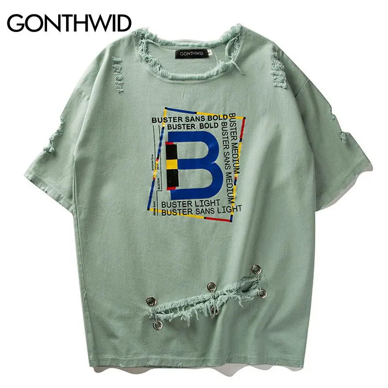 GONTHWID Ripped Distressed T Shirts Mens 2017 Summer Printed Destroyed ...