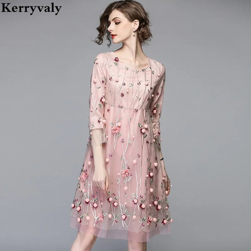 Retro Mesh Pink Floral Embroidered Dress Woman Dress 2019 Spring Summer