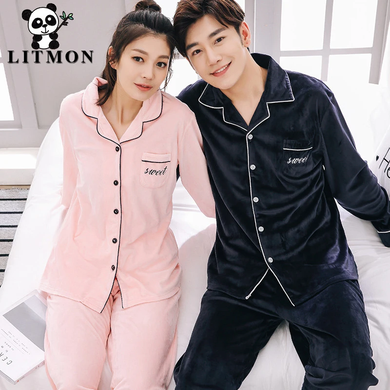 Litmon Pajama Sets Sleepwear Women Autumn Velvet Full Couple Solid Turn ...