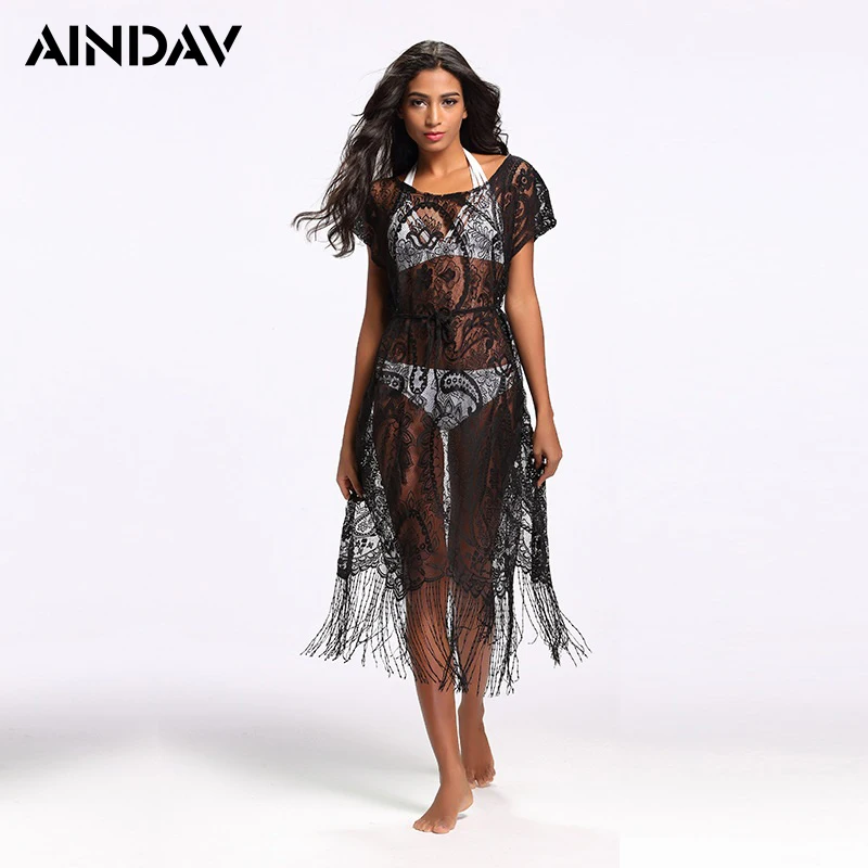2017 New Fringe Crochet Bikini Cover Ups Hollow Out Beach Dress