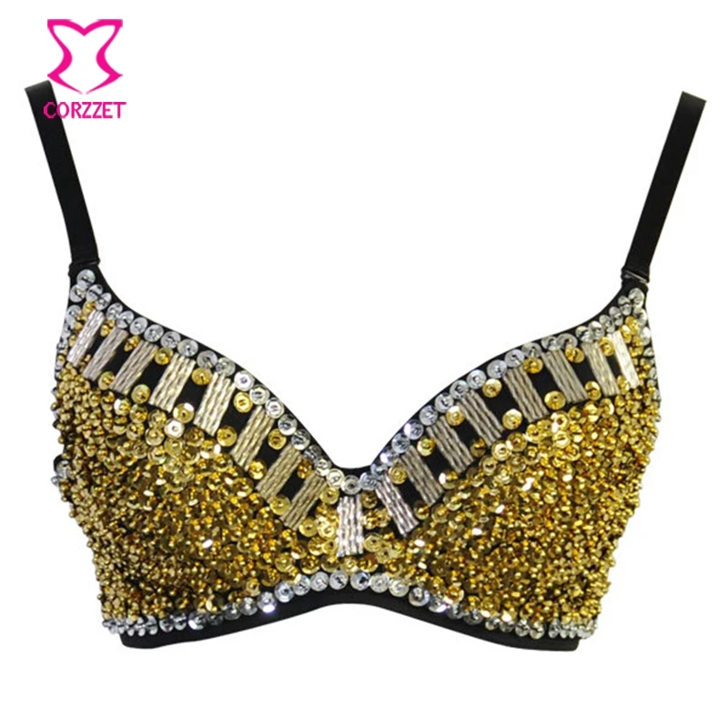 Punk Rock Metallic Sliver Resin Gem Beading and Gold Sequin Bra ...