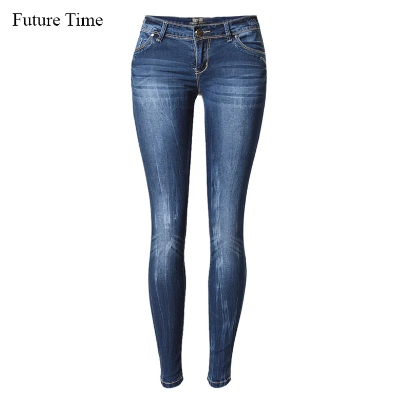 Futute Time Low Waist Women Fashion Washed Skinny Full Length Elastic