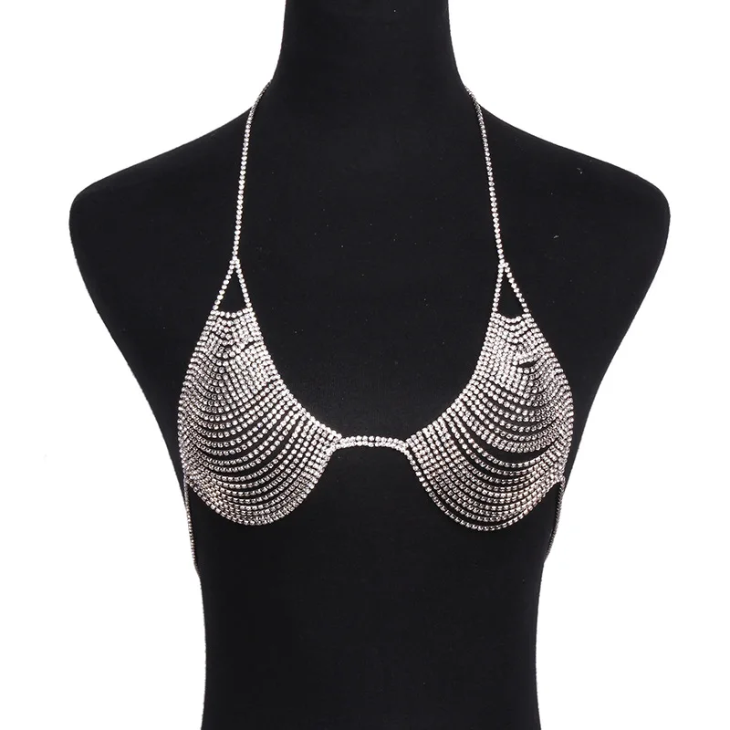 Trendy Lady Layered Sexy Bra Summer Rhinestone Statement Necklace Chain