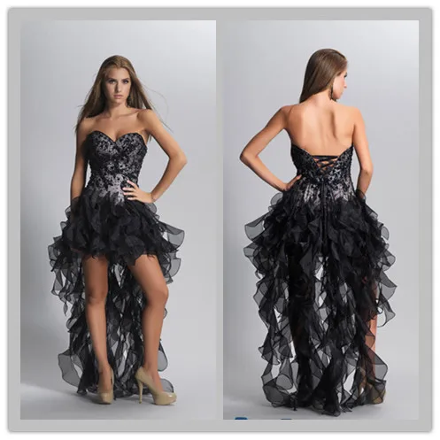 Sexy high low sweetheart beaded lace ruffled black organza see through ...