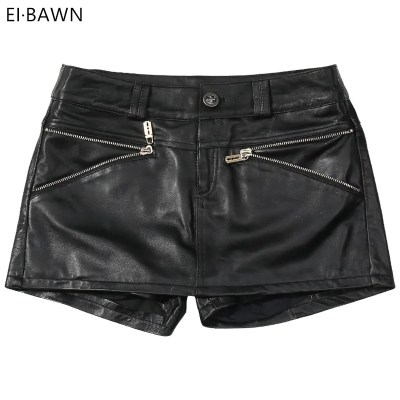 Women Genuine Leather 2018 Shorts Black Zippers Slim Sexy Lambskin ...