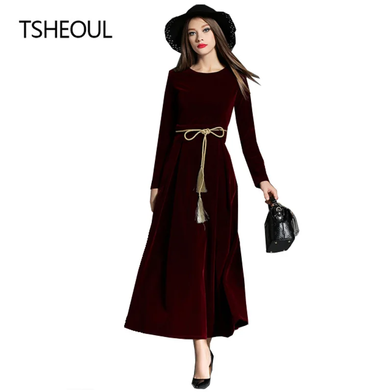 Red Velvet Dresses Women Autumn Winter Stand Collar Long Sleeve Button ...