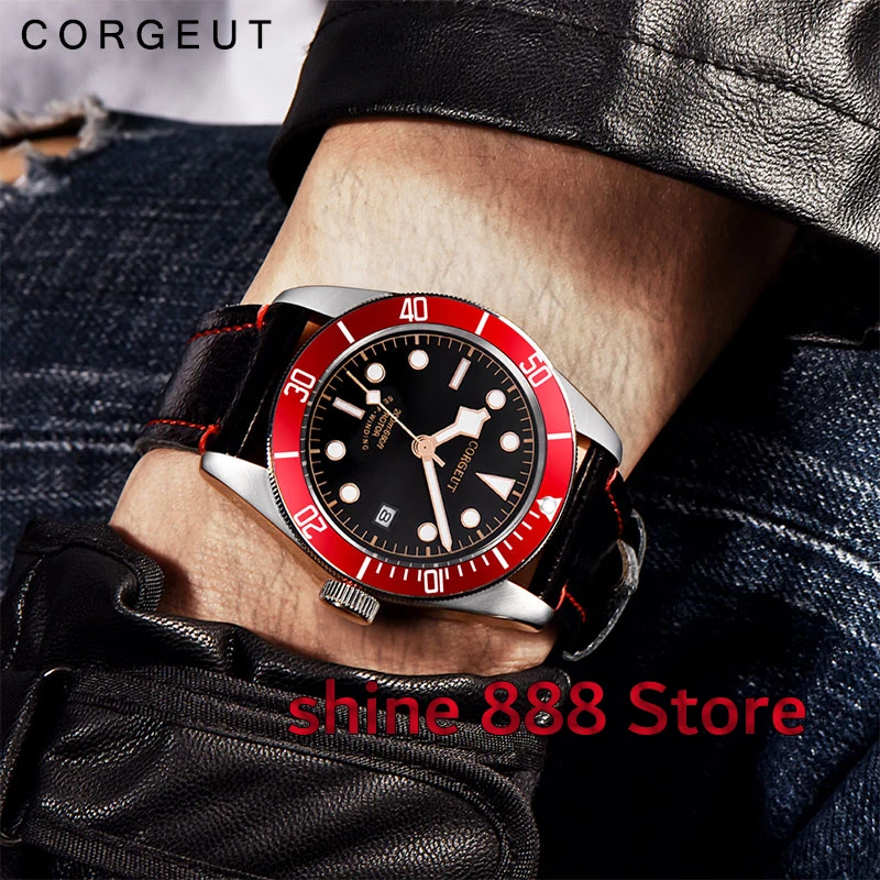 41mm Corgeut Watch Red Bezel Black Dial Golden Rim Hands Black Insert ...