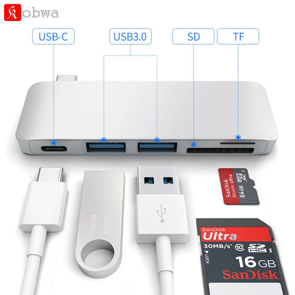 Kobwa Aluminum Alloy 5 in1 Type C To USB 3.0 Hub Portable micro SD Card ...
