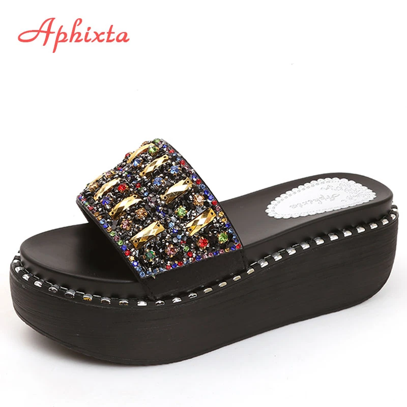 Aphixta Platform Rhinestone Sandals Slippers Women Gemstone Slides ...