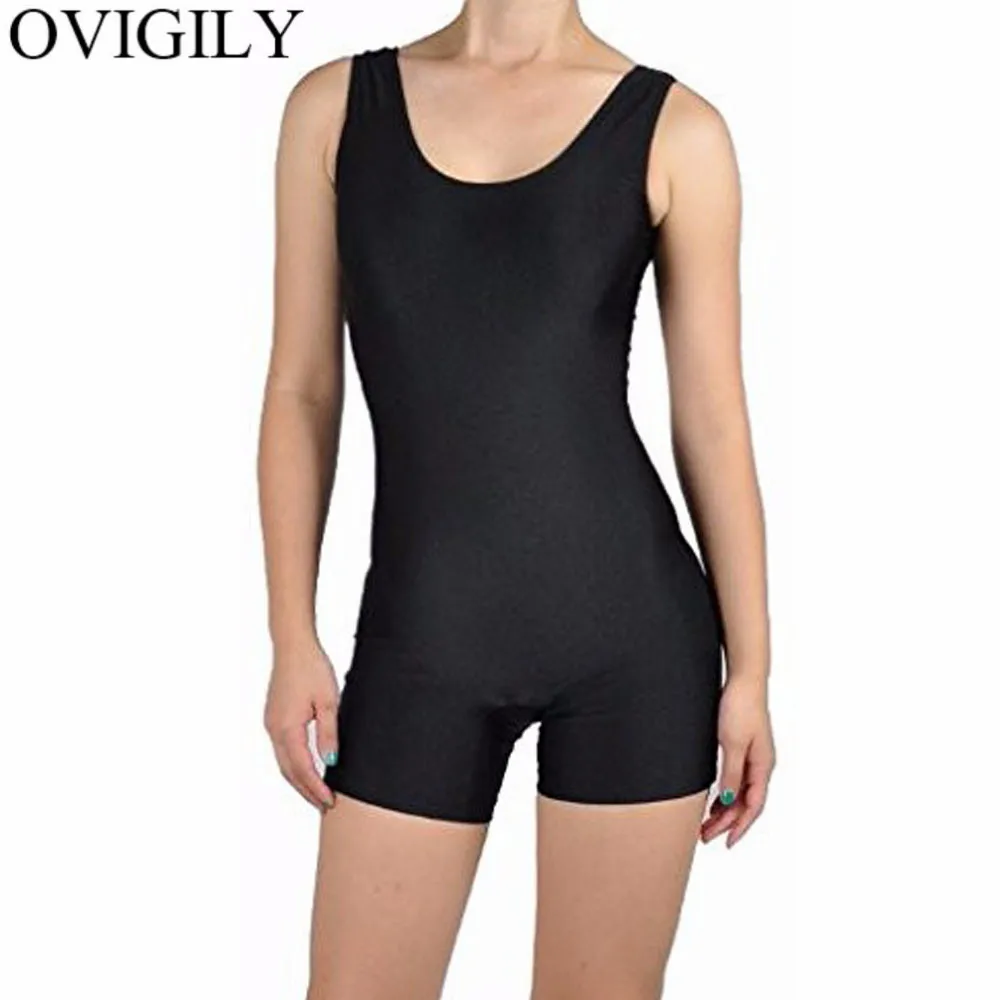 OVIGILY Adults Tank Unitard Short Yoga Bodysuit Jumpsuit Womens Black Sleeveless Gymnastics ...