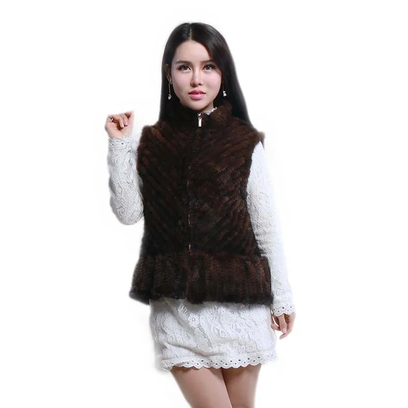 Hot mink fur vest Women short mink knitted vest fashion stand collar mink leather vests