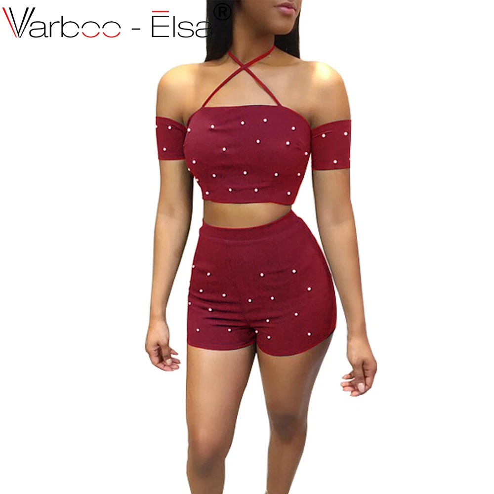Women summer 2 piece sets pearl Mini Skirt Suit Short Tops and Short ...