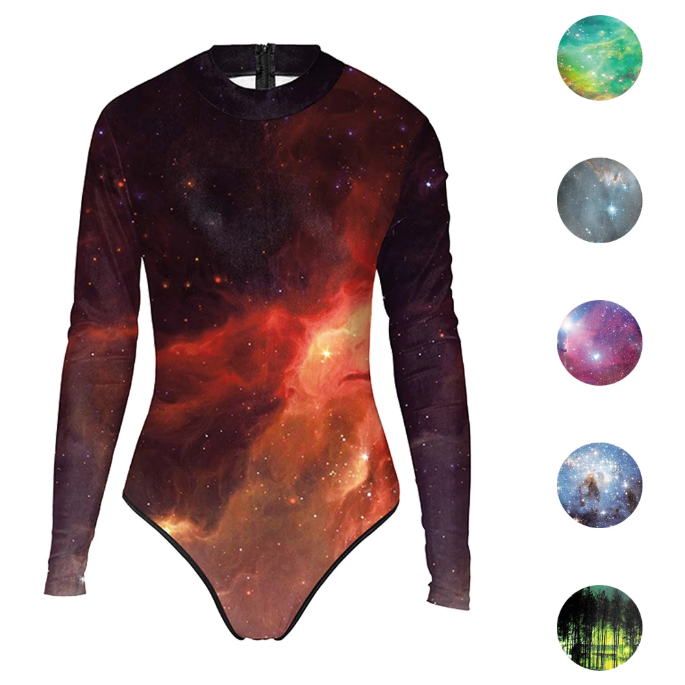 Flaming Star Nebula Print Swimsuit Zipper One Piece Bathing Suit Galaxy