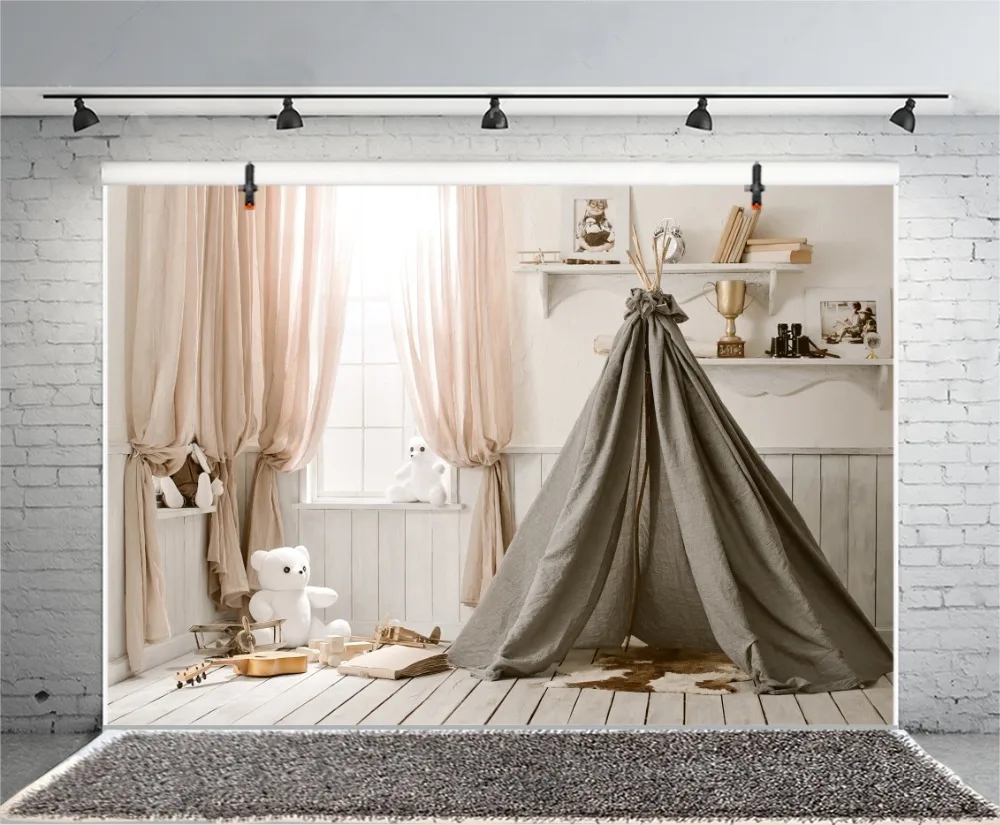 Laeacco Gray Boudoir Tent Wigwam Wooden Flooring Teddy Bear Curtain ...
