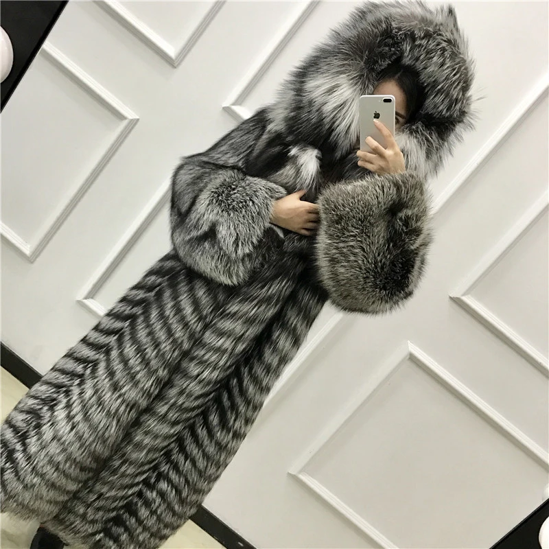Luxury Fur Coat Women Silver Fox Fur Hooded Long Outerwear Gray Color ...