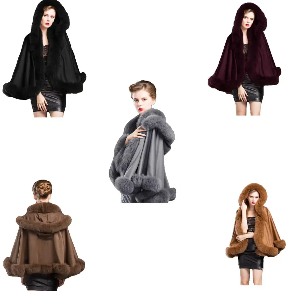 Women's Real Cashmere Cape With Hood Genuine Fox Fur Trimed All Around ...