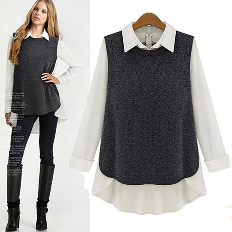 2014 Spring Autumn women's fashion body faux two piece shirt basic Gray ...