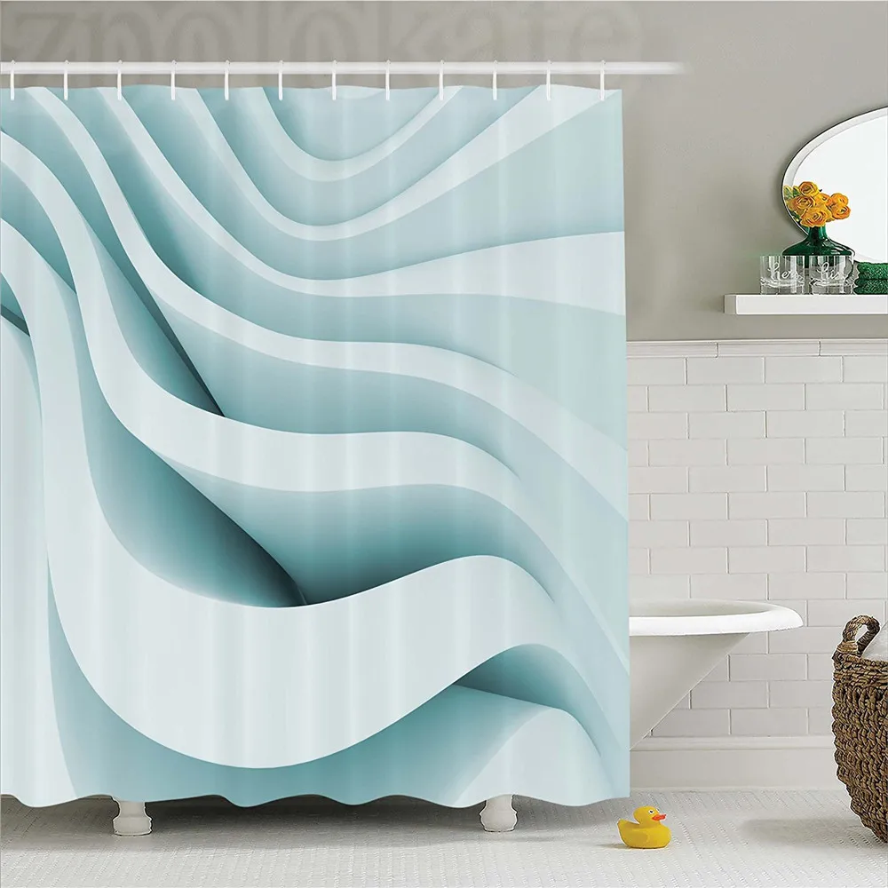 Abstract Decor Shower Curtain Ice Blue Colored Modern Geometric