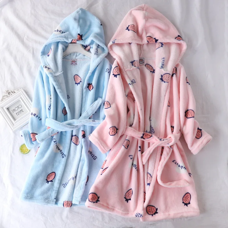 Flannel Robe For Kids Winter Thick Warm Bathrobe Nighty Cute Strawberry ...