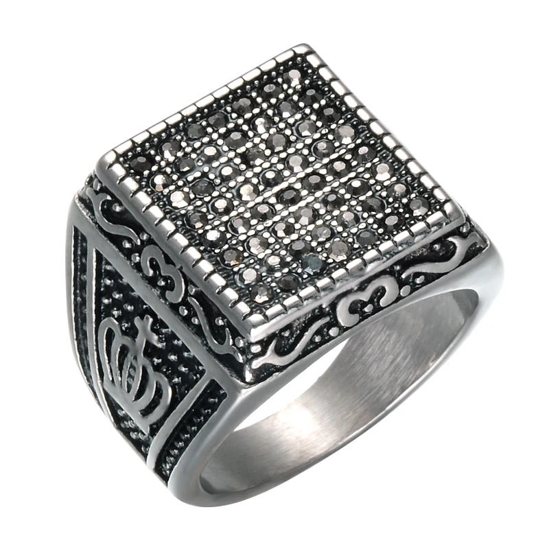 HIP Punk Crown Pattern Mens Signet Rings Vintage Square Titanium ...