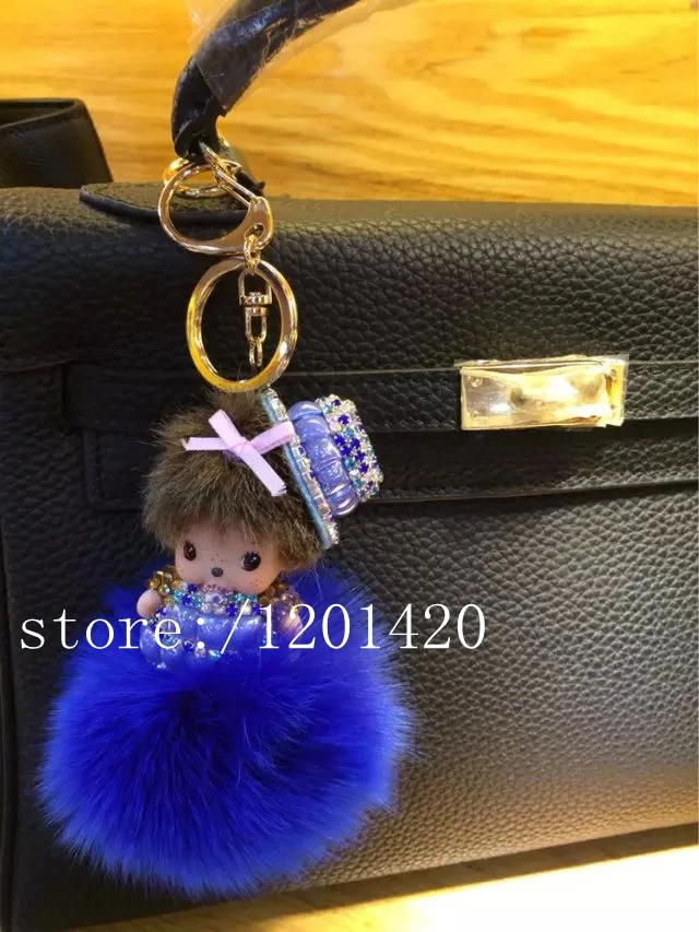 6color Cute Hat Monchichi Glitter Keychains Monkey Doll Keychain ...