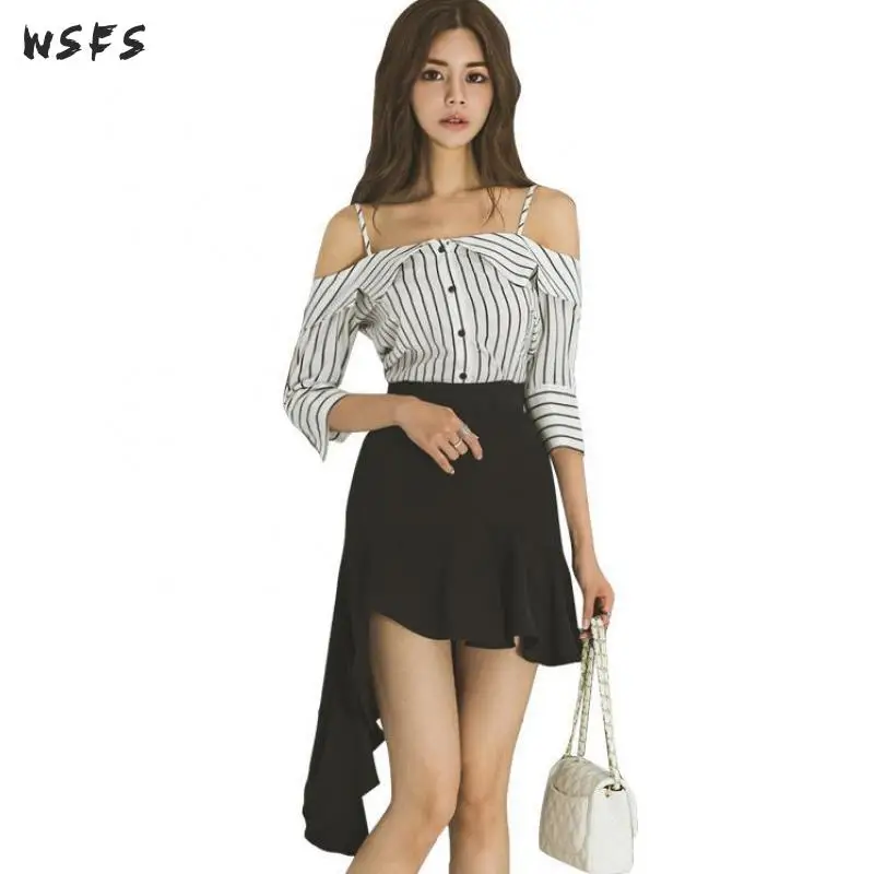 2 Peças Conjunto Outono Listrado Branco Barra Pescoço Spaghetti Strap