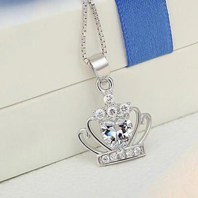 Crown Pendant Necklace For Women White Crystal Queen Princess Necklaces ...