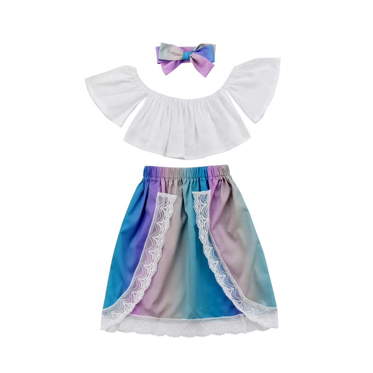 3Pcs Little Girls Rainbow Lace Clothing Set Newborn Kids Baby Girls Off ...