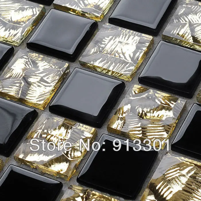 Crystal glass tile sheets square gold black blend mosaic pattern ...