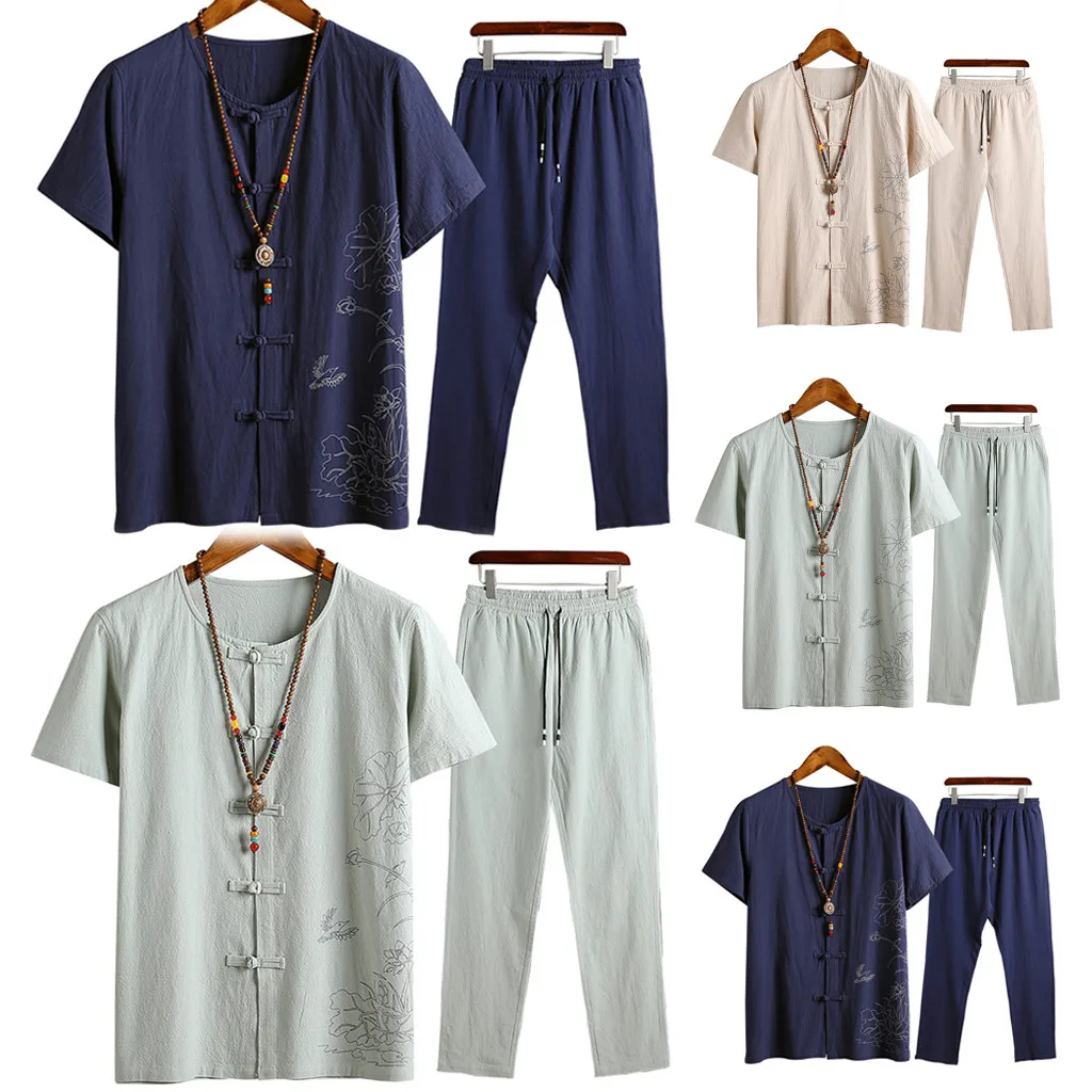 New Men's Linen 2 Piece Sets Short Sleeve Men's Summer Fashion Casual ...