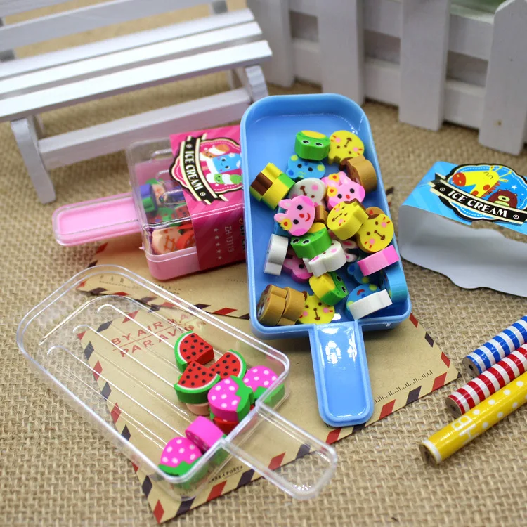8box/lot Novelty Mini Fruits Iceream Rubber Pencil Erasers Kits Writing ...