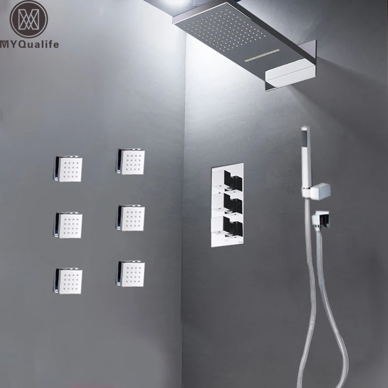 Modern Bathroom Rain Waterfall Shower Set Thermostatic Mixer Valve 4 ...