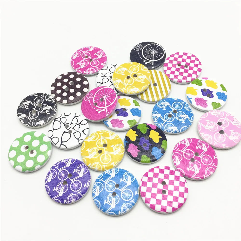40pcs 30mm 3CM Large Wooden Bikes Buttons Mixed 2 Holes Round Painted ...