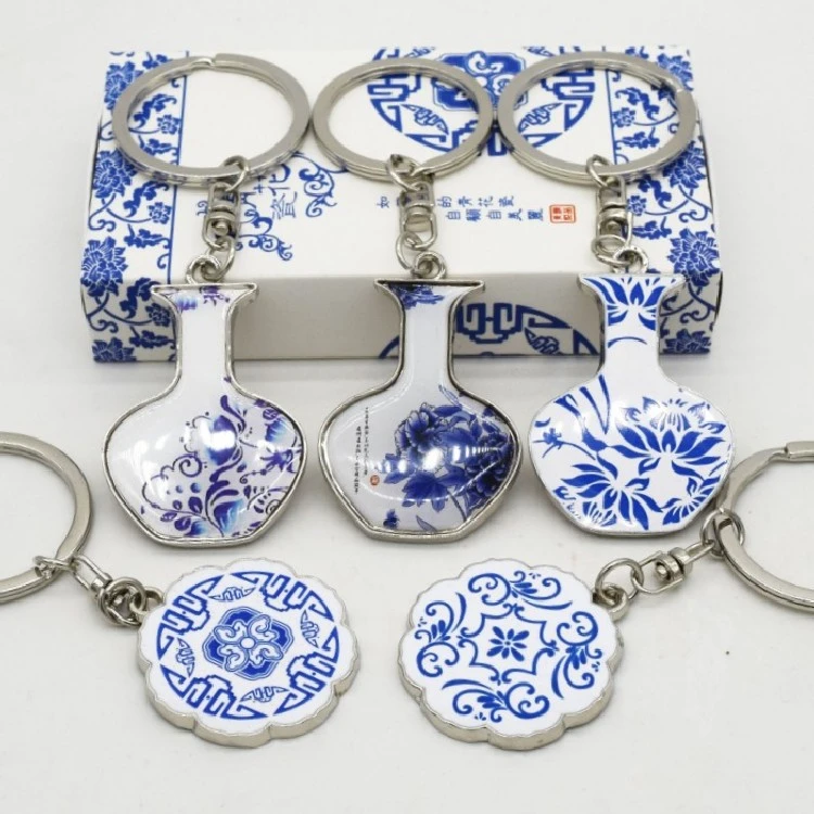 Chinese handicrafts Blue and white porcelain keychain Creative abroad ...