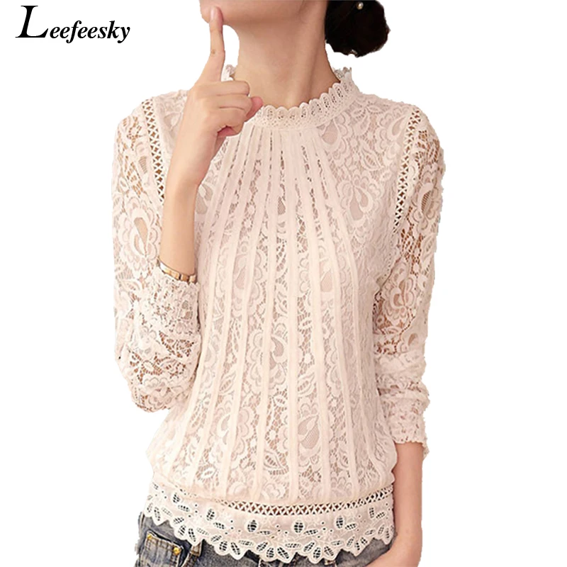 Women White Lace Blouses 2017 New Fashion Hollow Out Long Sleeve Lace