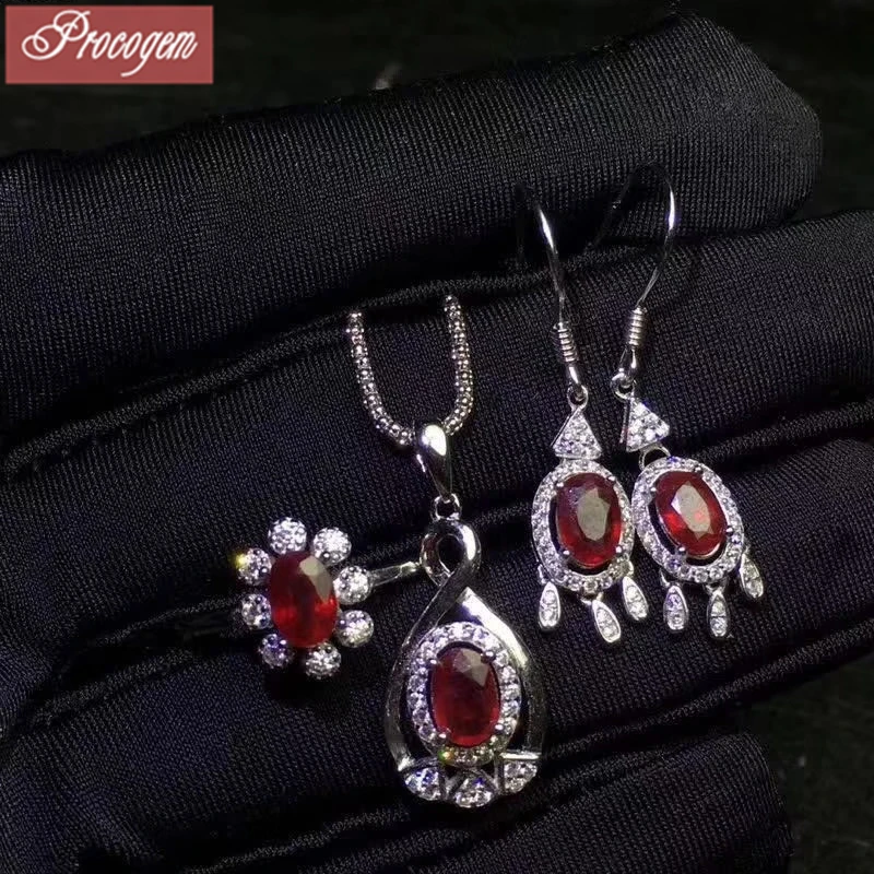 Natural Ruby jewelry sets 4x6 Genuine Gemstone Nacklace/Ring/earrings ...