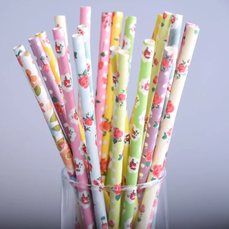 25pcs Lot Mix Colors Vintage Retro Floral Paper Straws Biodegradable