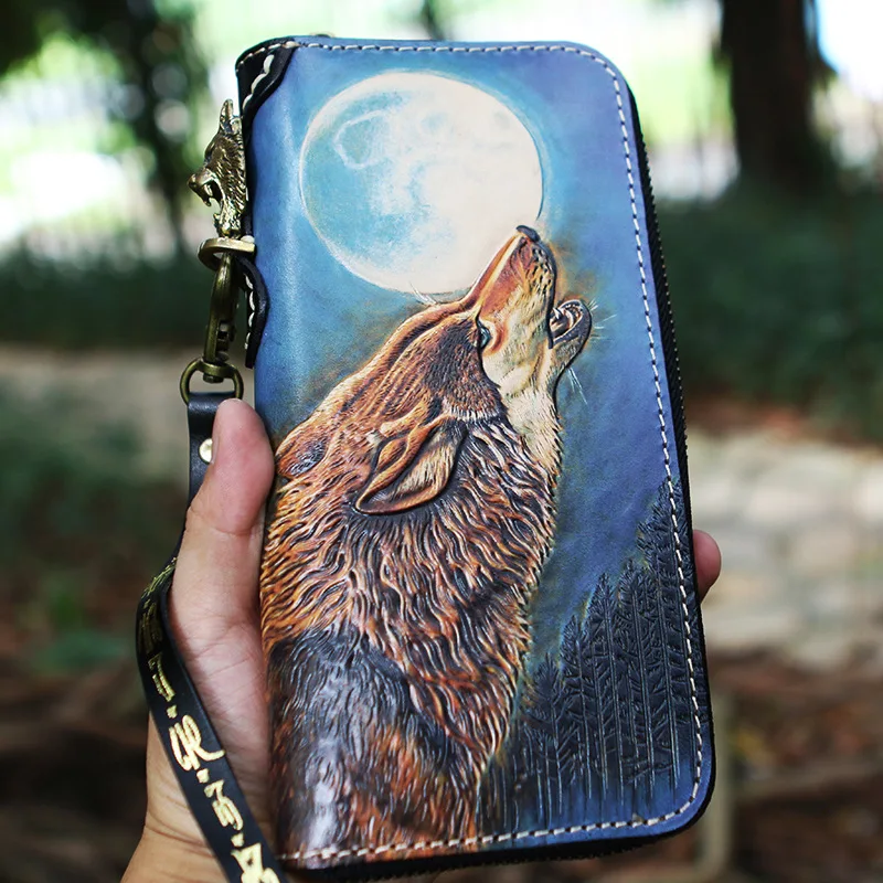 Handmade Women Genuine Leather Card Holder Moon Wolf Wallets Bag Purses ...