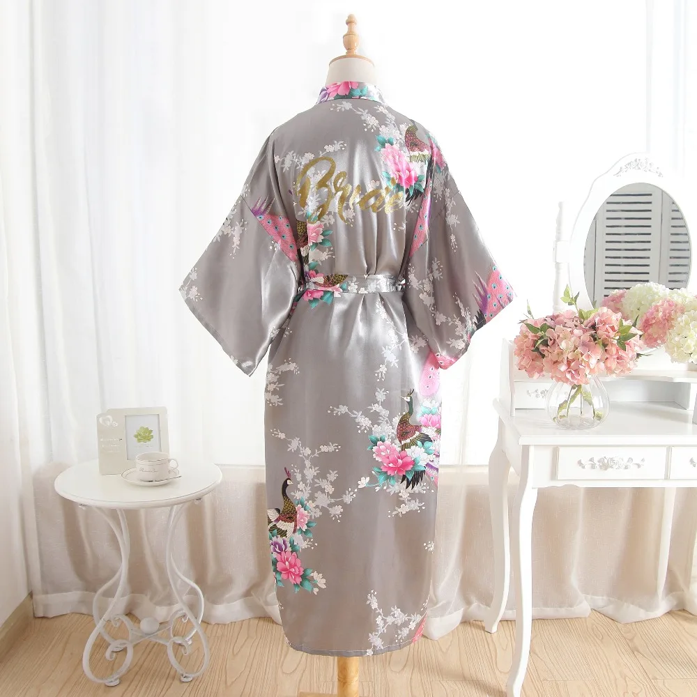 Silk Satin Wedding Bride Bridesmaid Robe Floral Bathrobe long Kimono ...