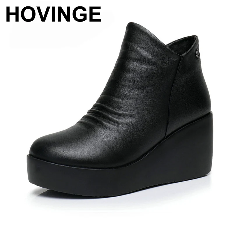 HOVINGE New Autumn Winter Women Shoes Woman Genuine Leather Wedges Snow ...