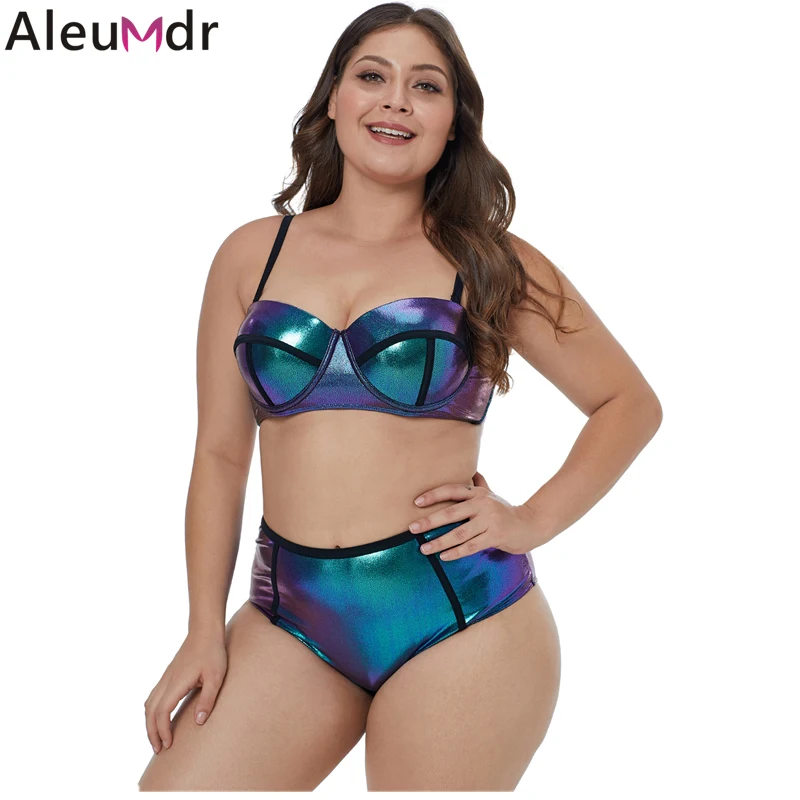Aleumdr Women Two Piece Suits Sexy Shiny Metallic Look Push Up Plus Size Swimwear Large Size