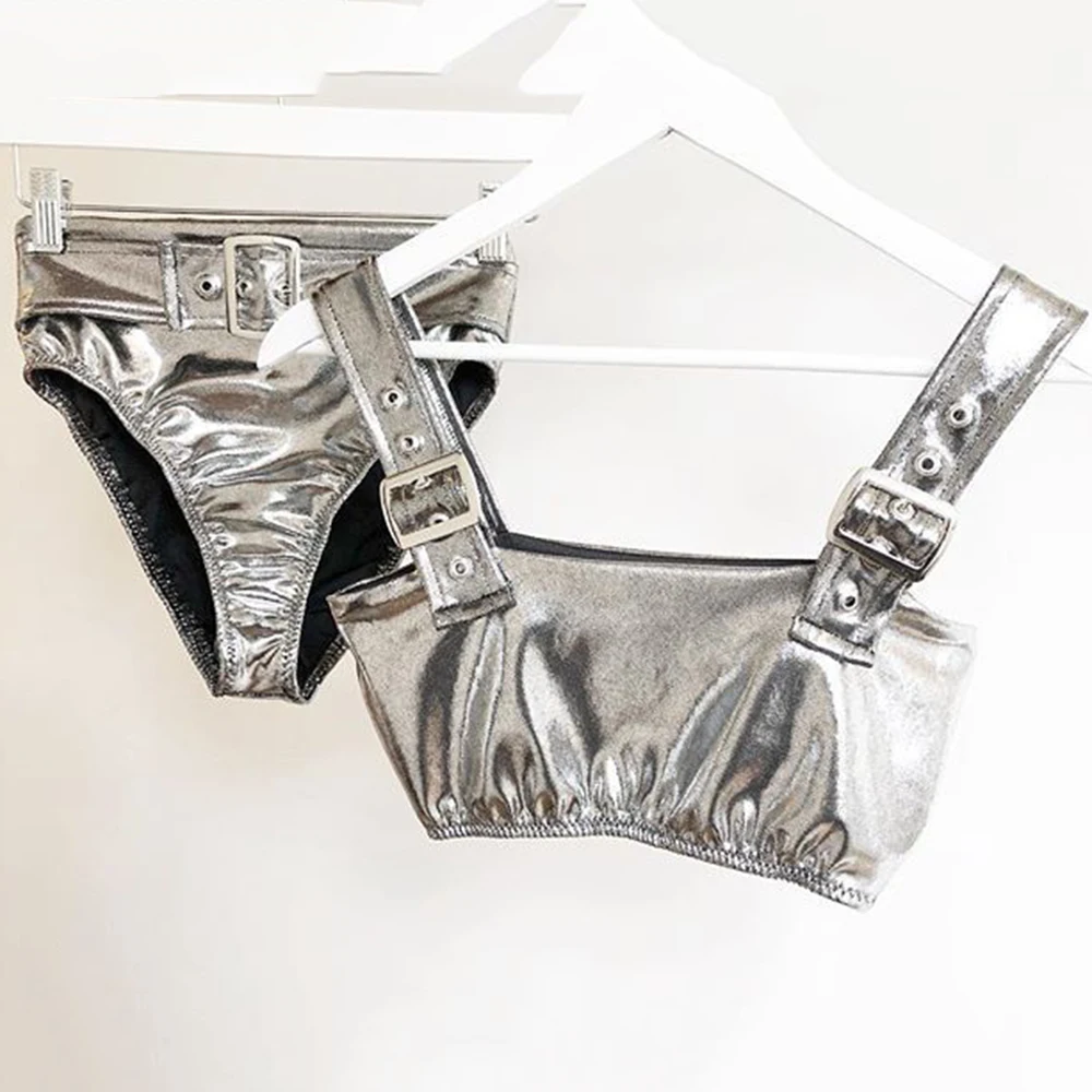 Buy Leather Sequins Bikini Set Sexy Silver Bikinis Bling Swimsuit Women 2018