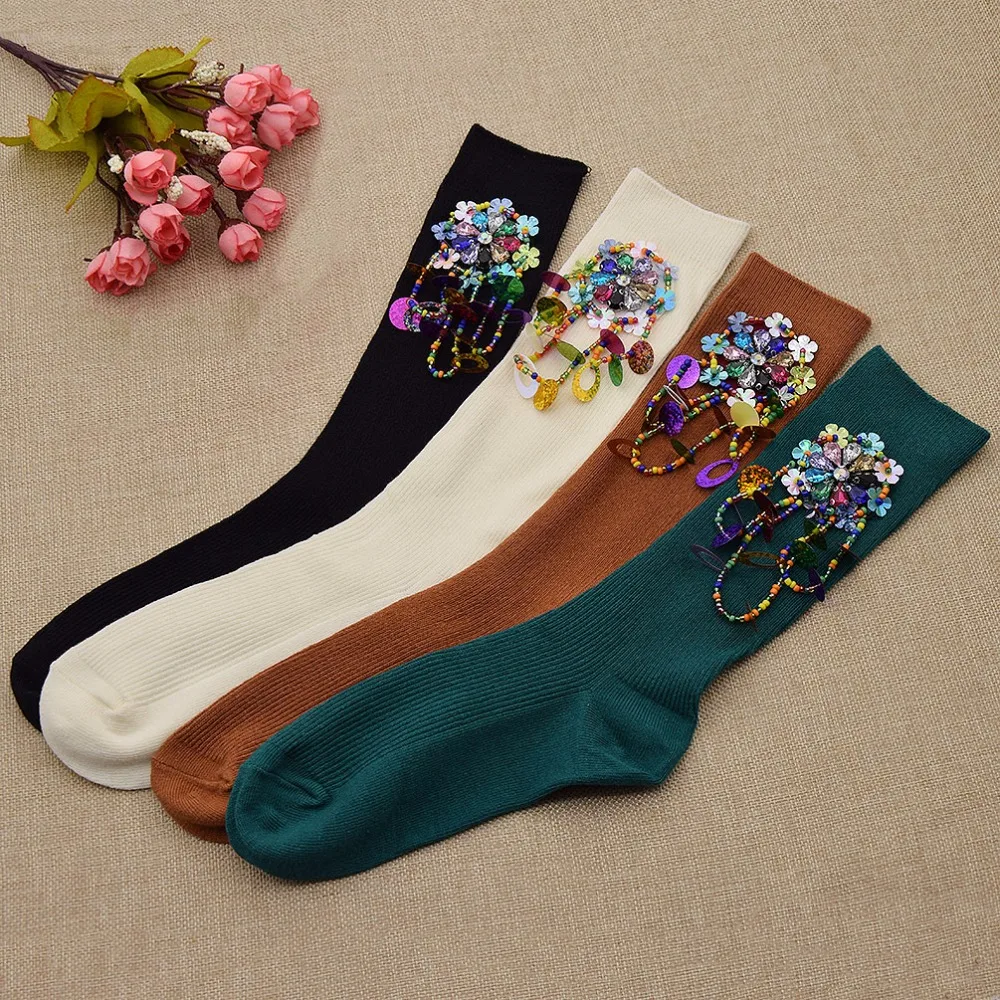 Qlychee Fashion Handmade Winter Spring Beads Flower Female Socks 